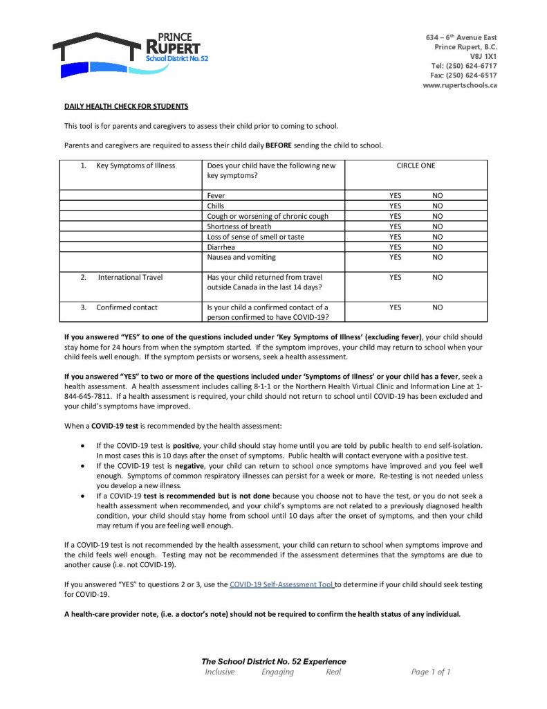 Daily Health Check for Students | SD52 Website